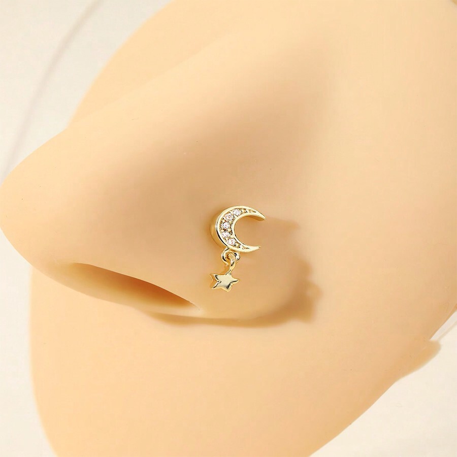 1pc Stainless Steel Moon Shaped Nose Ring With L Shape Post & Star ...