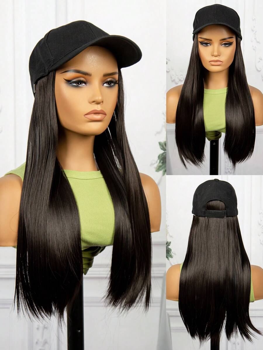 Synthetic Fiber Long Straight Hair Hat Extension (Black) Attched To A ...