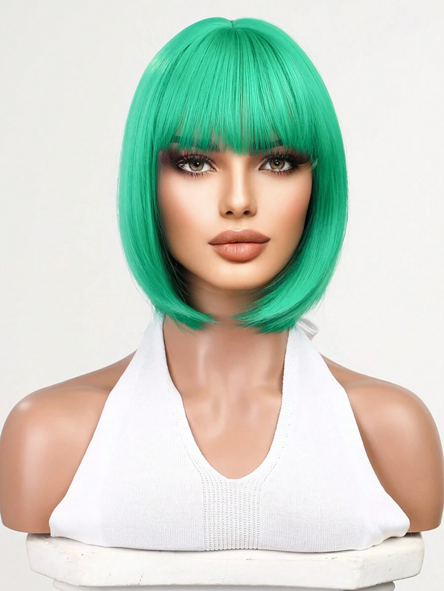 12 Inch Green Short Straight Wigs With Bangs For Women Refreshing ...