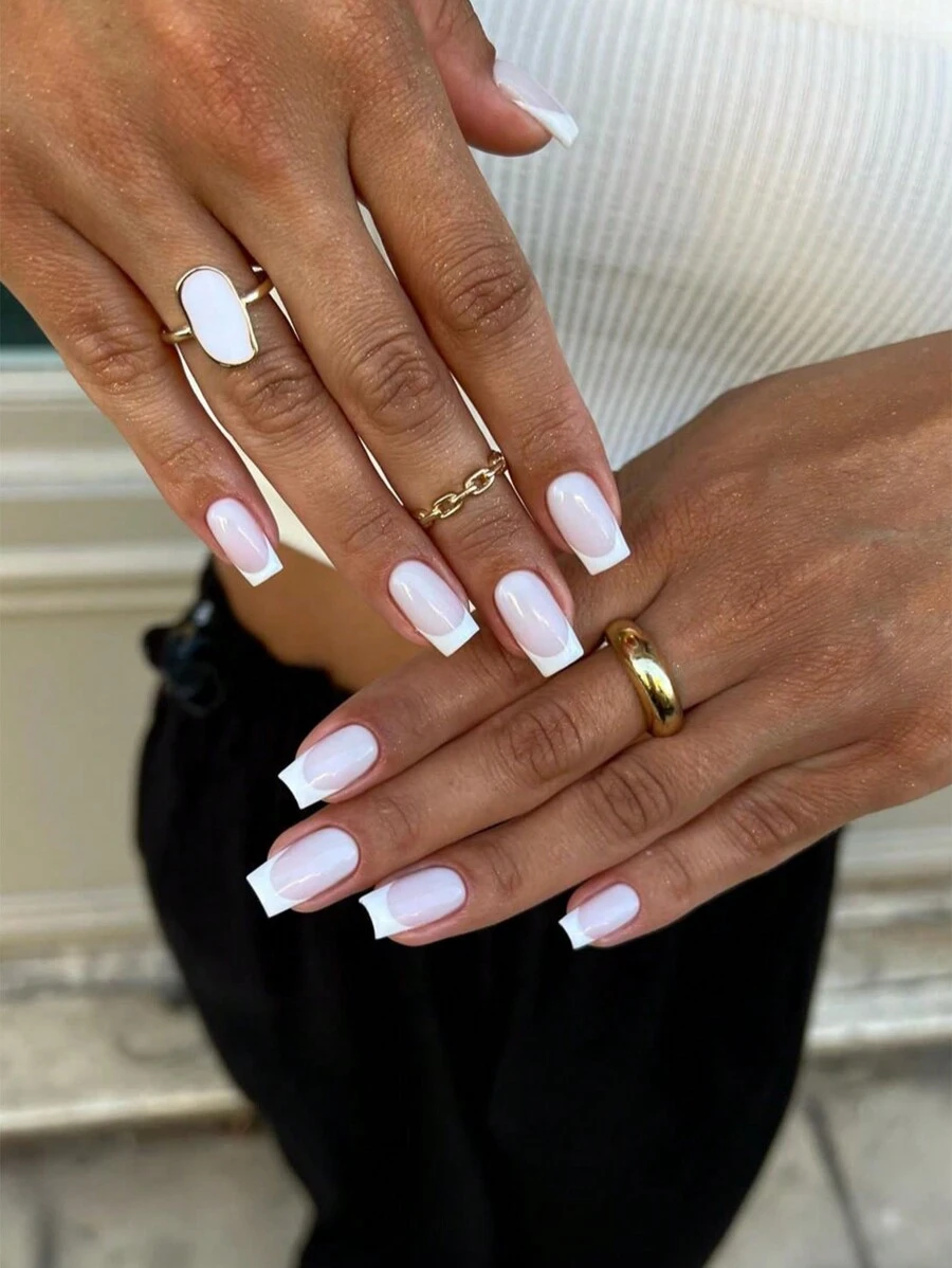 24pcs High Gloss Long Rectangle Fake Nails With French Style Border ...