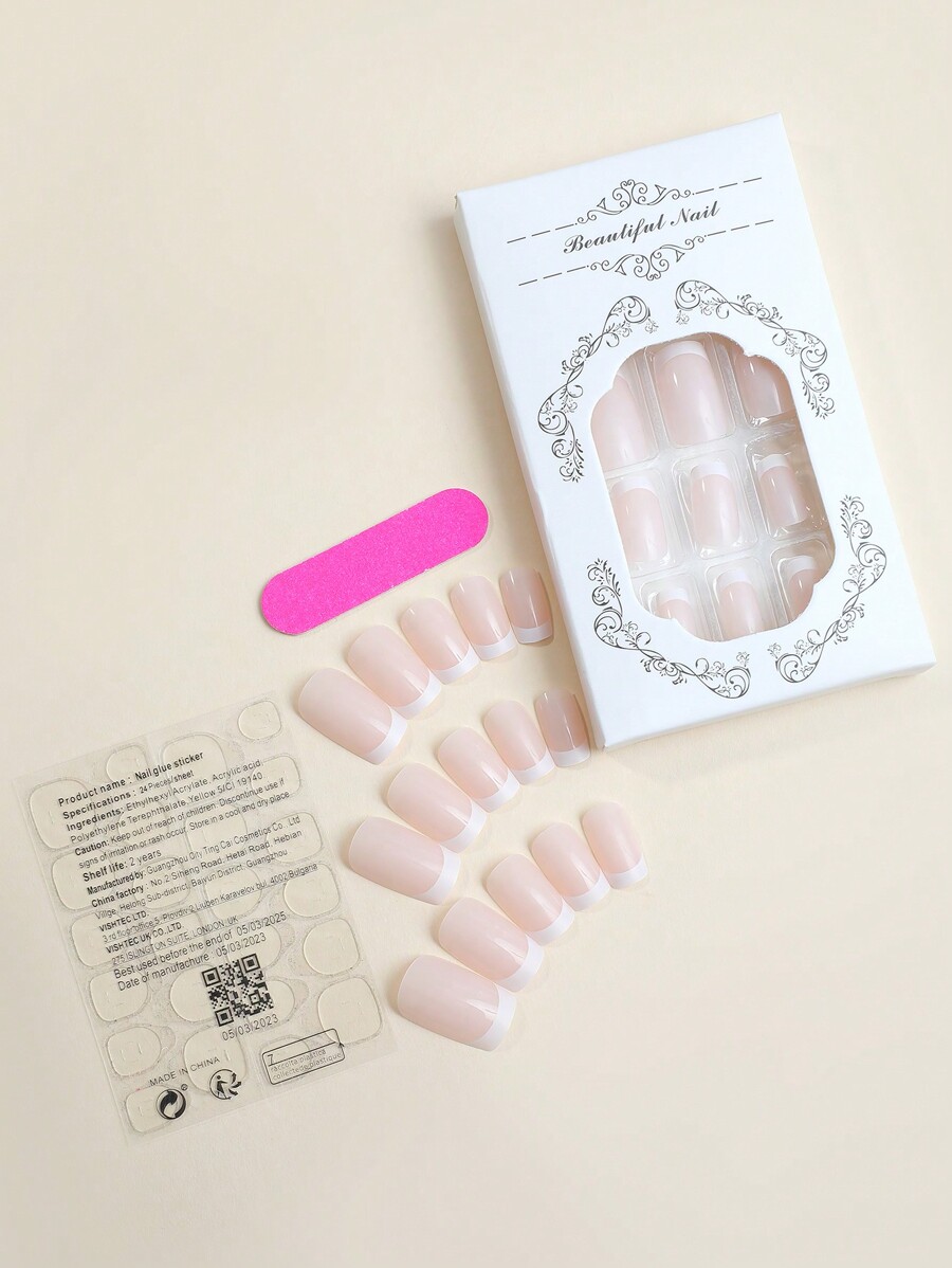 24pcs High Gloss Long Rectangle Fake Nails With French Style Border ...