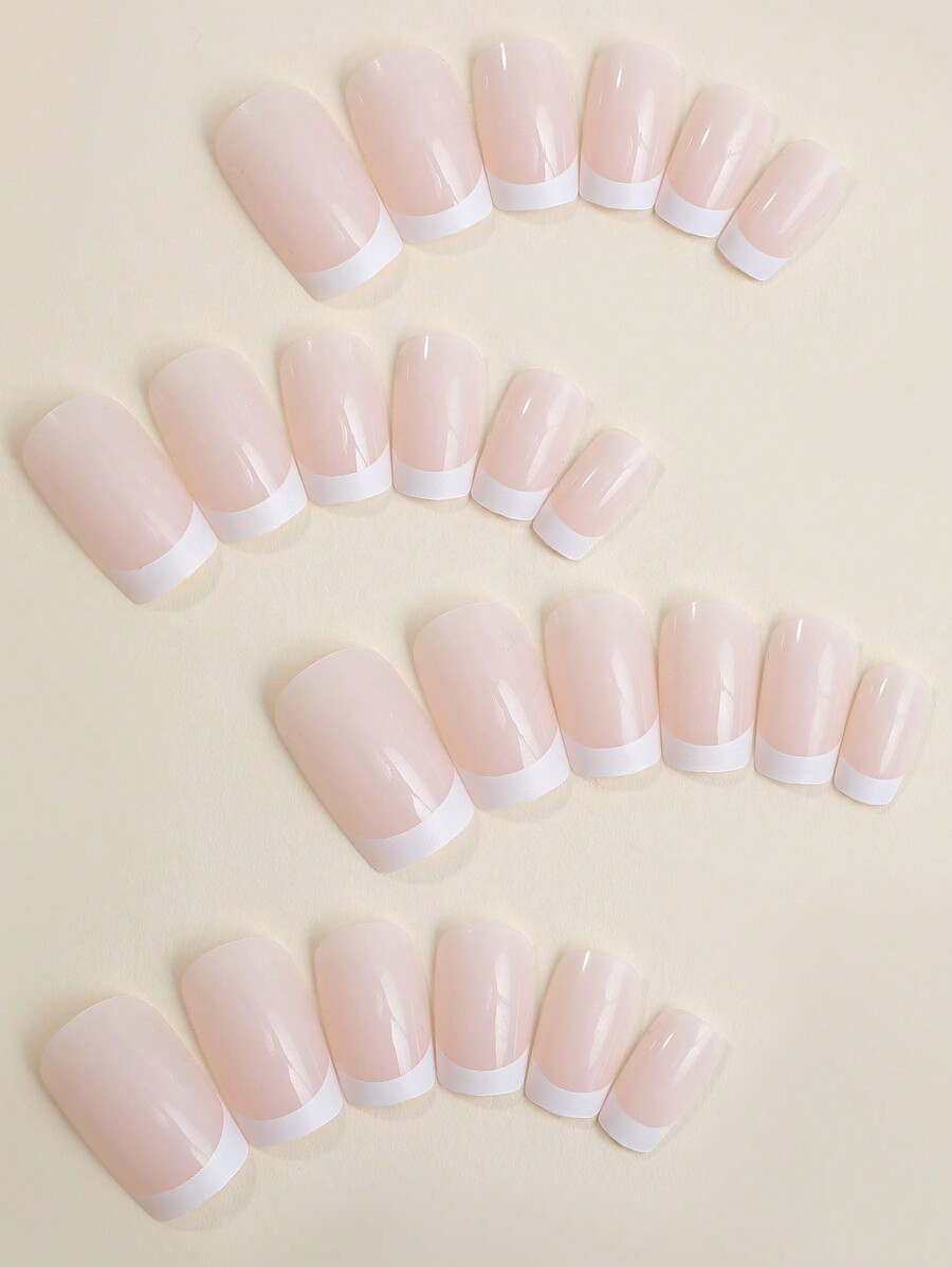 24pcs High Gloss Long Rectangle Fake Nails With French Style Border ...