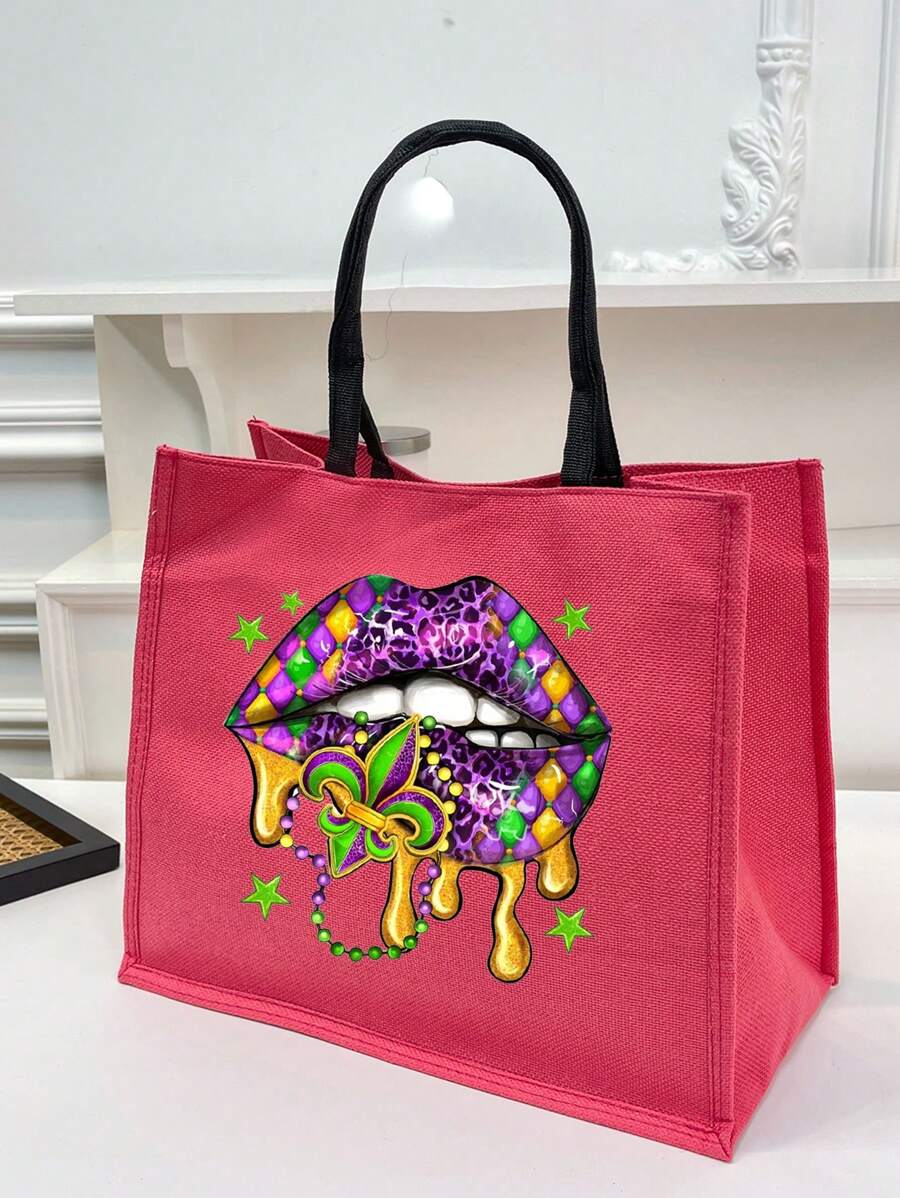 1pc Mardi Gras Lip Tote Bag , Large Capacity Gift Handbag,Portable ...