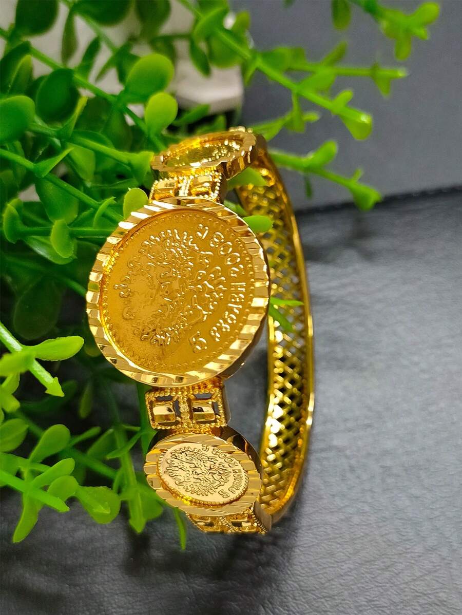 1pc Fashionable Round Coin Gold Plated Copper Bracelet Jewelry Set ...
