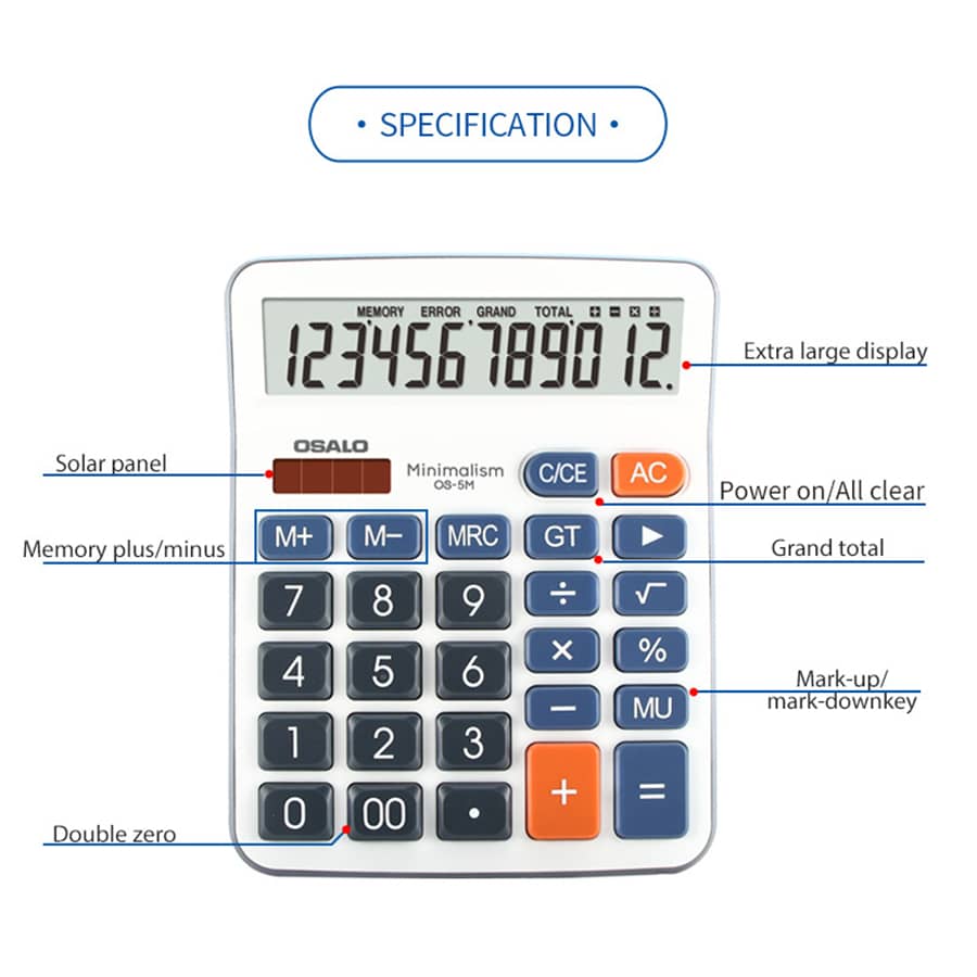 Desk Calculator With Large Key Buttons, 12 Digits, Large Eye-Angled Display, Solar And Battery ...