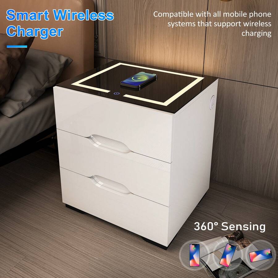 Nightstand With 3 Drawers,High Gloss Bedside Table With Wireless ...