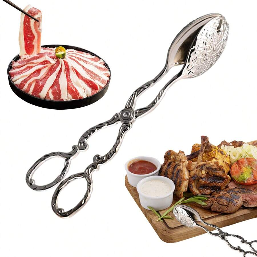 1 Pieces Buffet Tongs, Silver Retro Serving Tongs, Metal Salad Tongs, Fork And Spoon Tongs ...