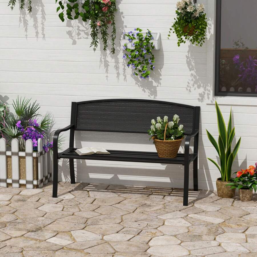 Outsunny 2 Seater Metal Garden Bench Garden Park Porch Chair Outdoor ...