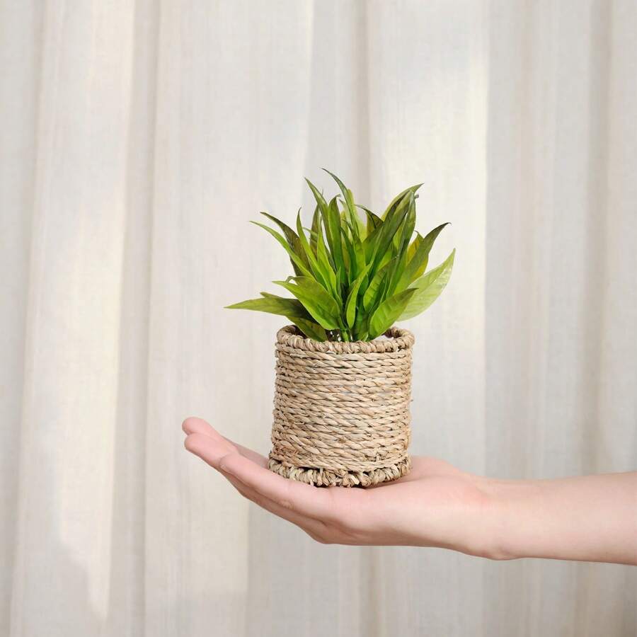 2 Packs Mini Fake Plants Artificial Potted Grass Faux Plants In Straw ...