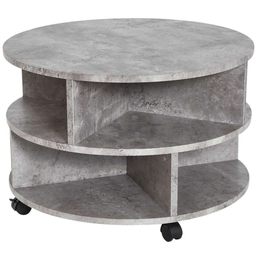 HOMCOM Round Coffee Table, Movable Centre Table With Divided Shelves ...