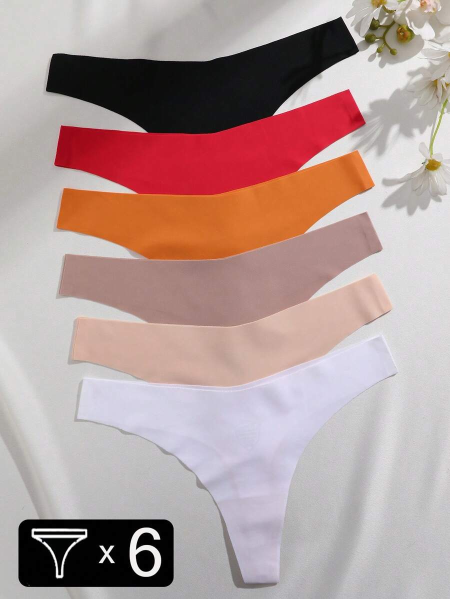 6pcs/Set Ladies' Seamless Breathable Low Waist Sexy Thongs With V ...