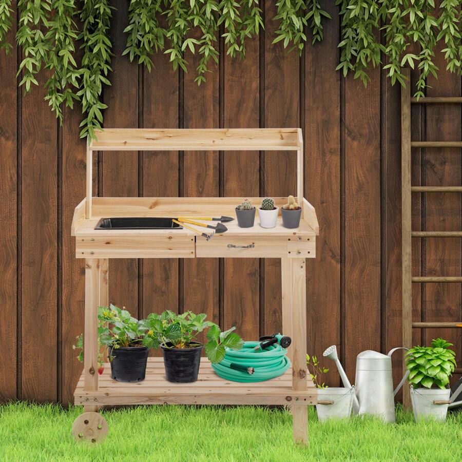 Outsunny Garden Potting Bench Table, Wooden Work Station, Outdoor ...