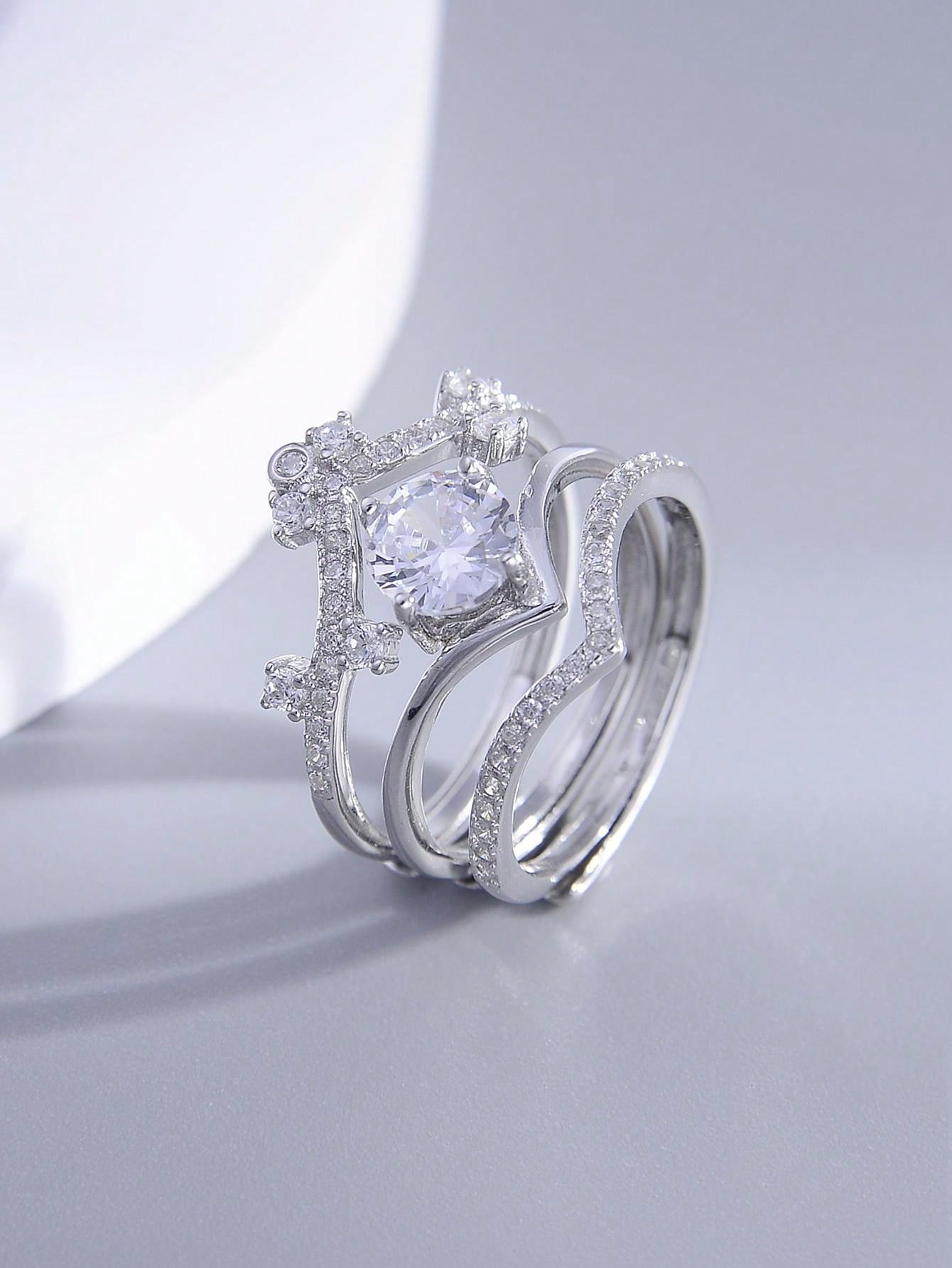 3pcs 925 Sterling Silver Cubic Zirconia Inlaid Minimalist Adjustable ...