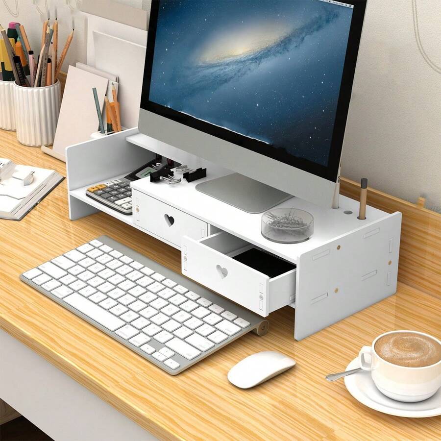 1pc White Diy Office Monitor Stand, Keyboard Storage Rack, Desktop ...