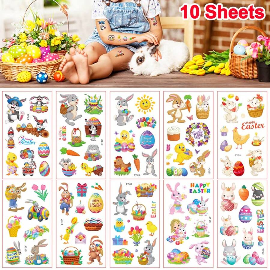 10 Sheets Easter Temporary Tattoos Stickers Waterproof Bunny Easter Egg ...