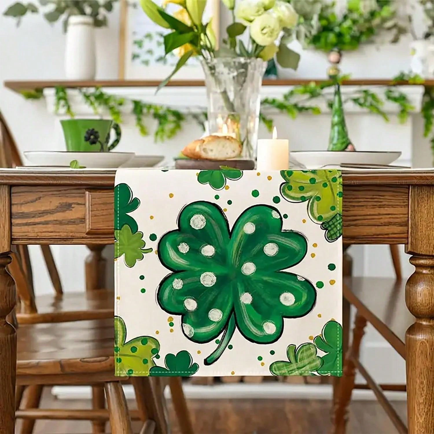 1pc Linen Irish Four-Leaf Clover Table Flag, Watercolor Green Lucky ...