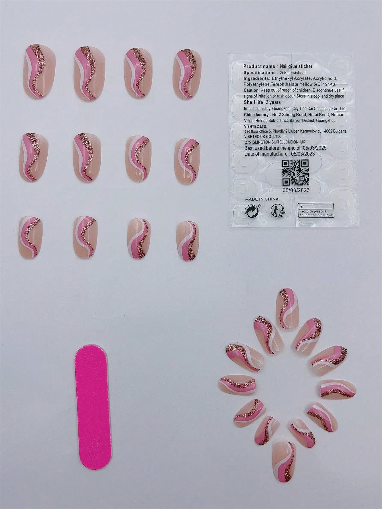 Dopamine Pink & White Glitter Thin Oval False Nails + 1pc Jelly Glue ...