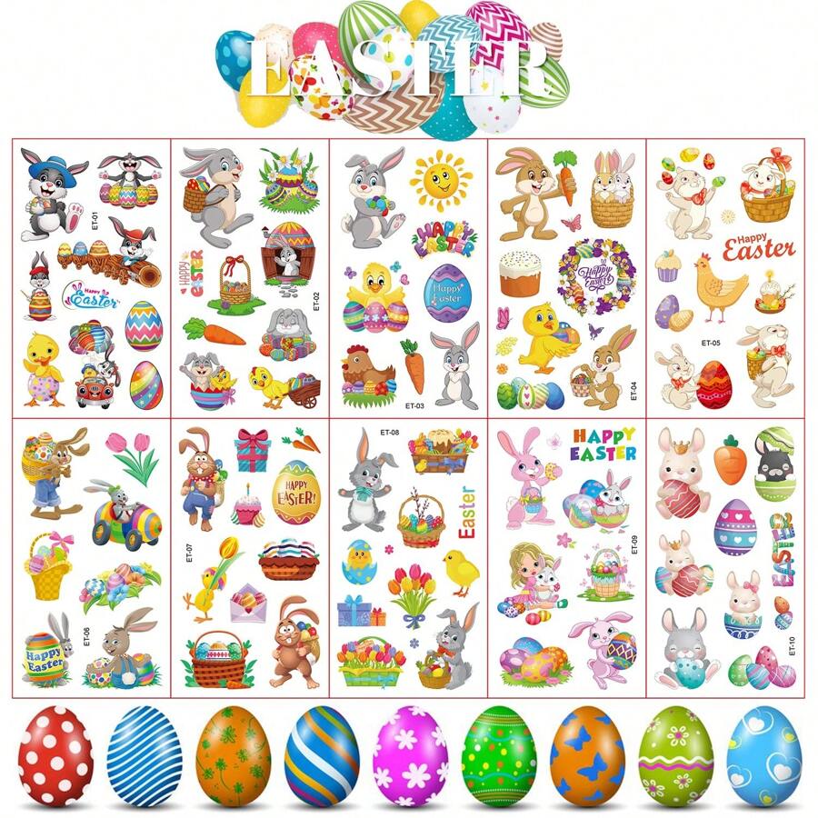 10 Sheets Easter Temporary Tattoos Stickers Waterproof Bunny Easter Egg ...
