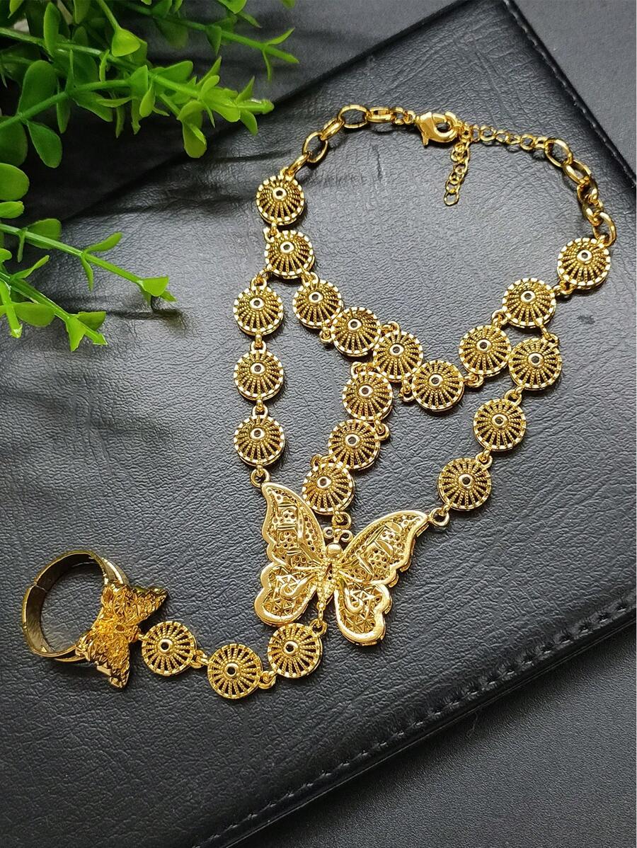 1pc Fashionable Butterfly Circle Design Gold-Color Hand Chain For Women ...