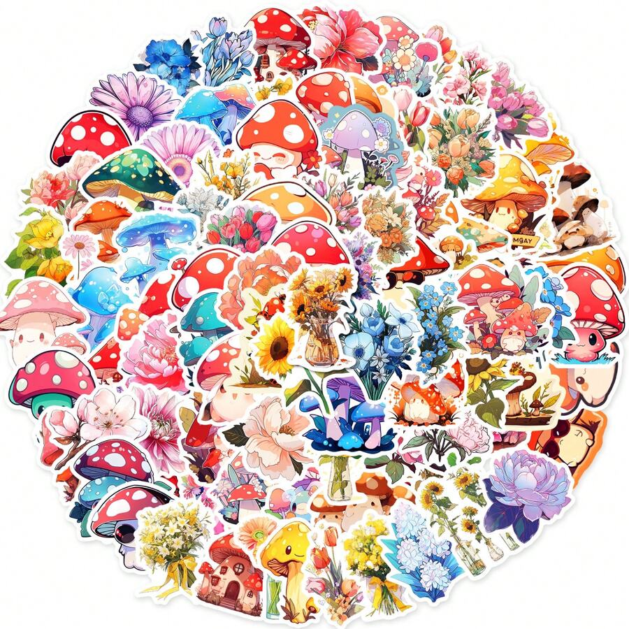 100pcs Floral Stickers Pack, Mushrooms Flowers Waterproof Stickers For ...
