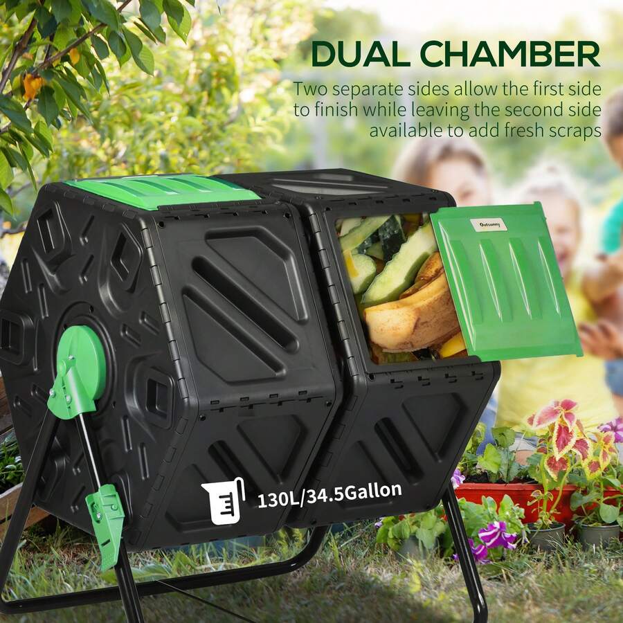Outsunny Dual Chamber Garden Compost Bin, 130L Rotating Composter ...