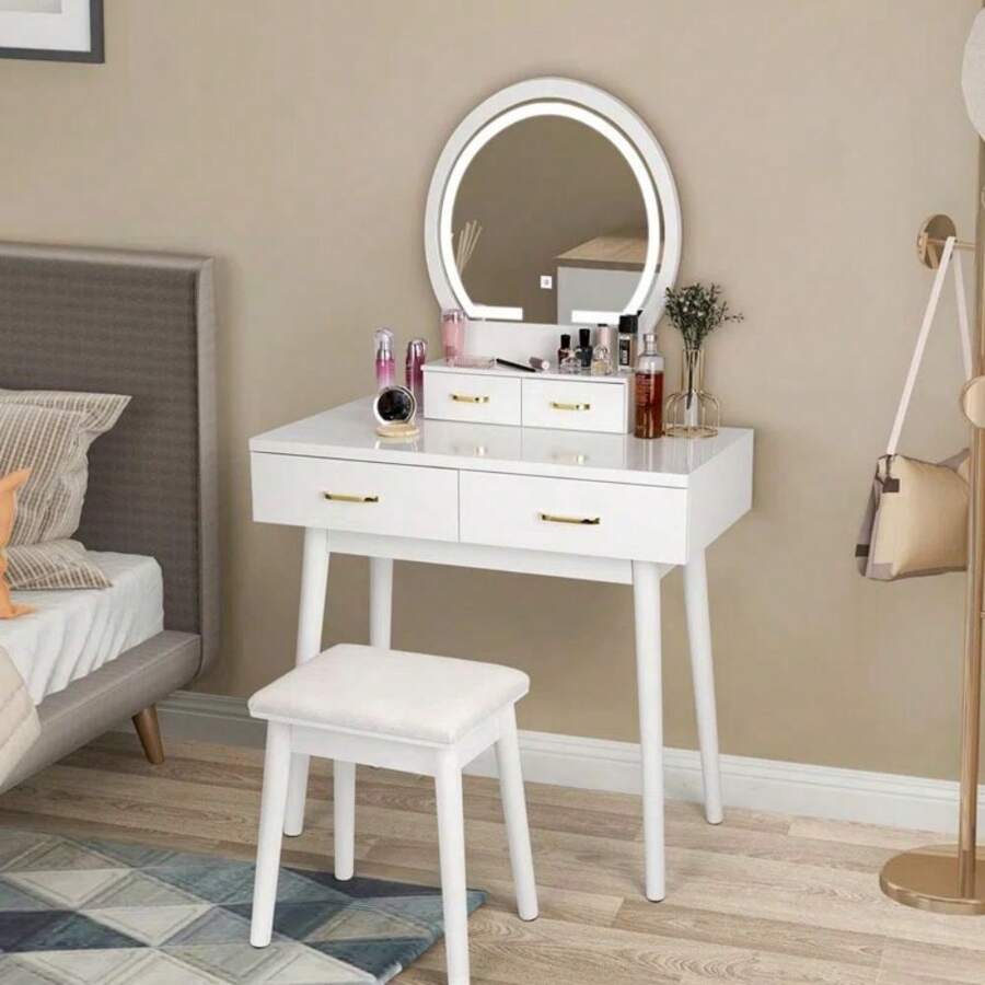 VOWNER Makeup Vanity Desk With LED Lighted Mirror And Stool, Color ...