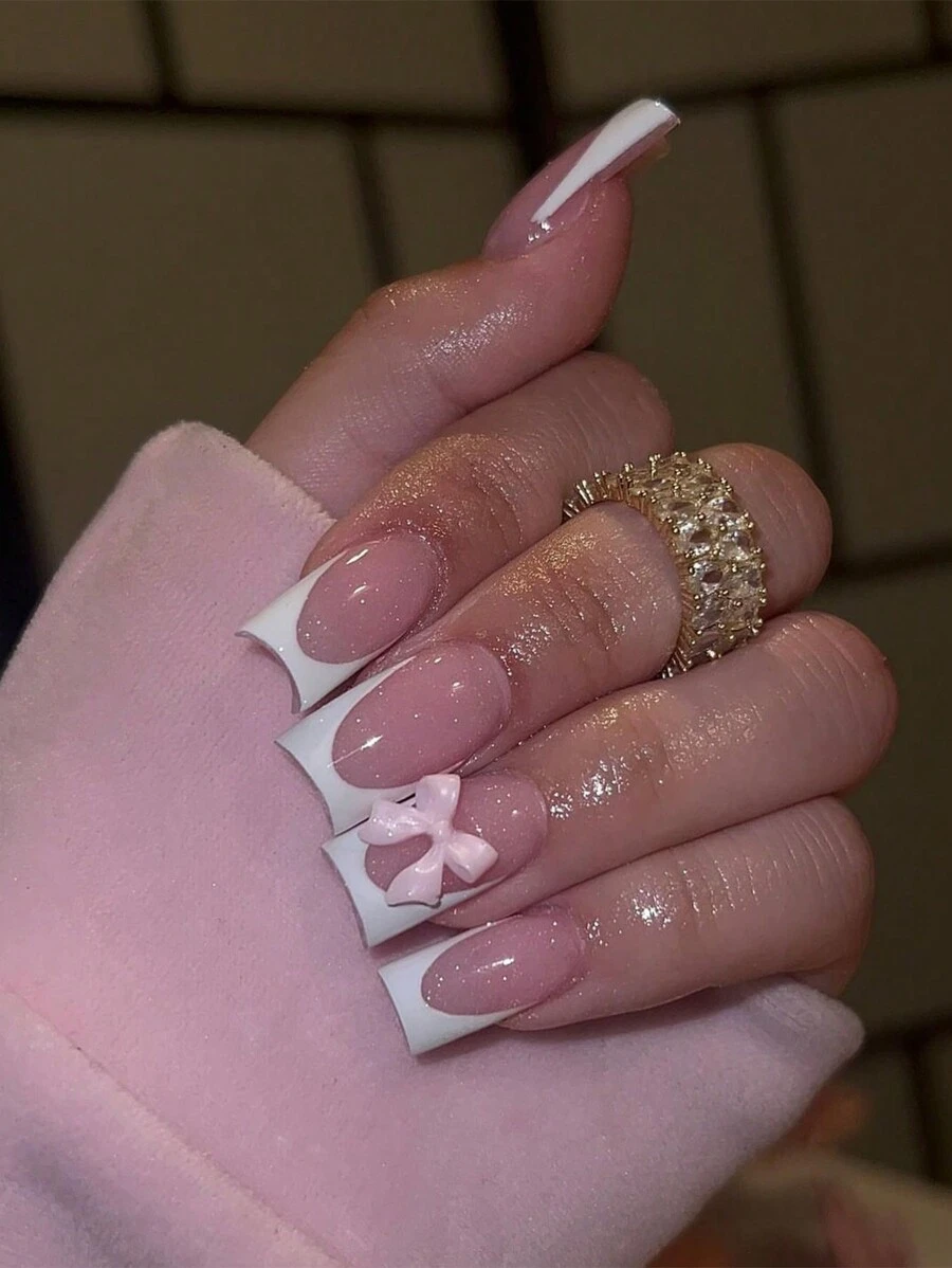 24pcs Pink Short Square Nail Armor With White Butterfly Bow Chic 3D ...