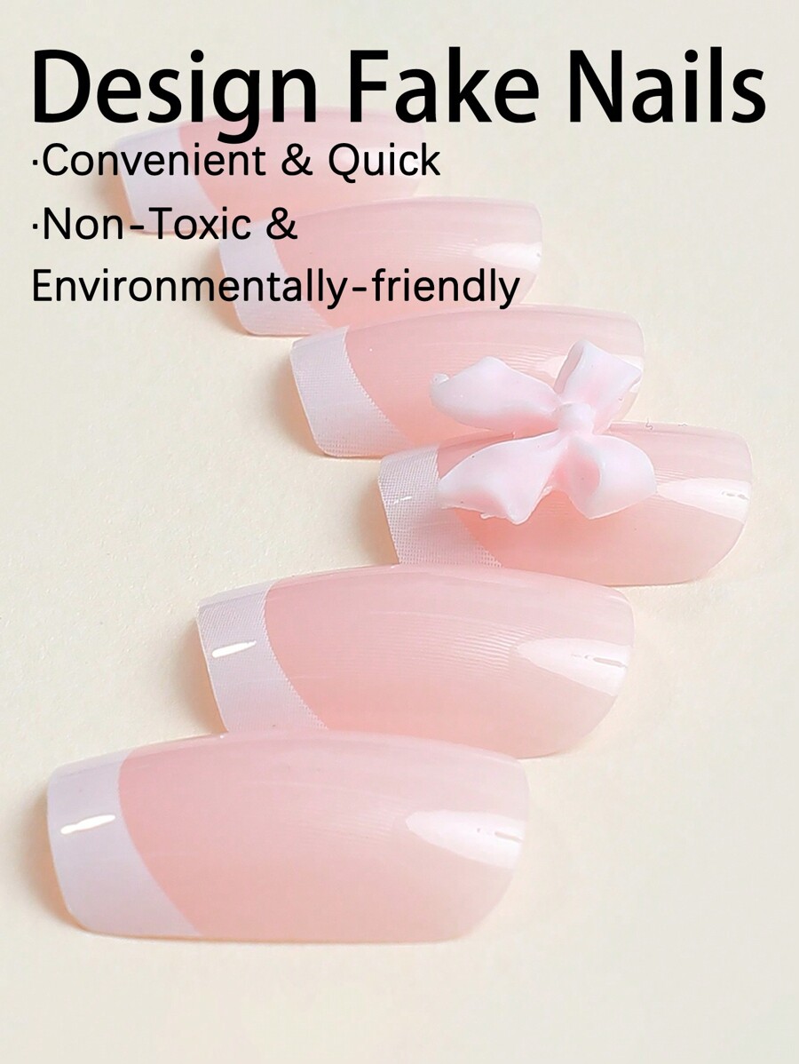 24pcs Pink Short Square Nail Armor With White Butterfly Bow Chic 3D ...