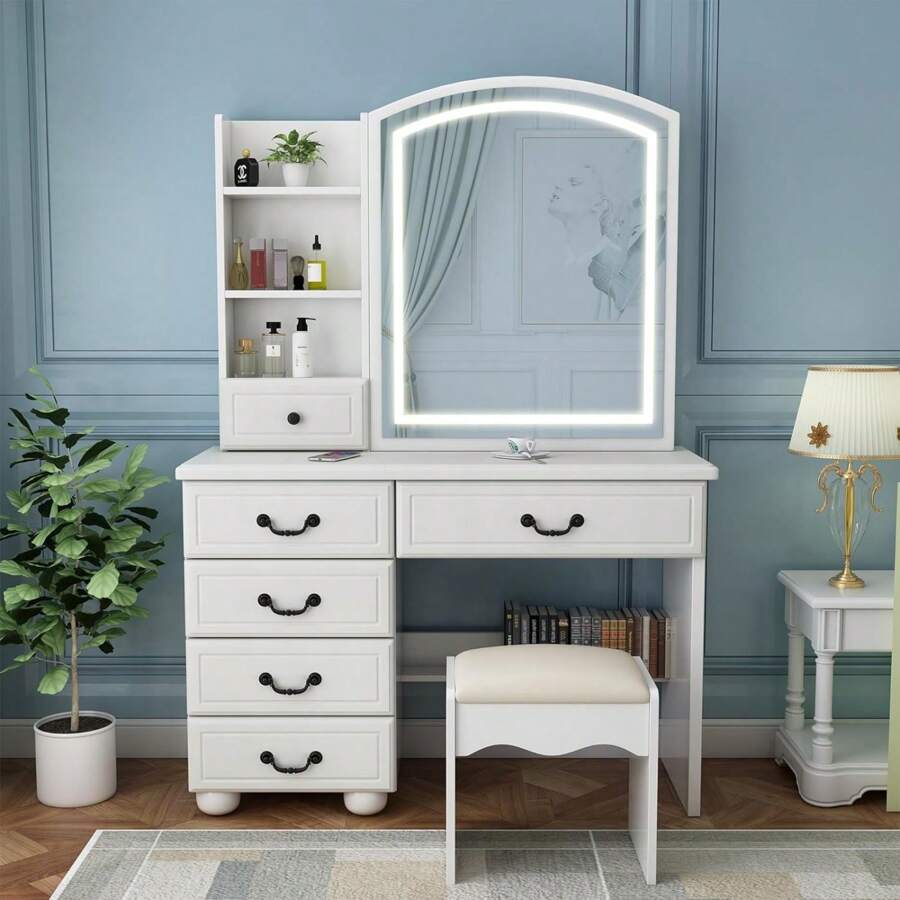 Modern Vanity Desk With Lighted Mirror And Stools, Sliding Makeup ...