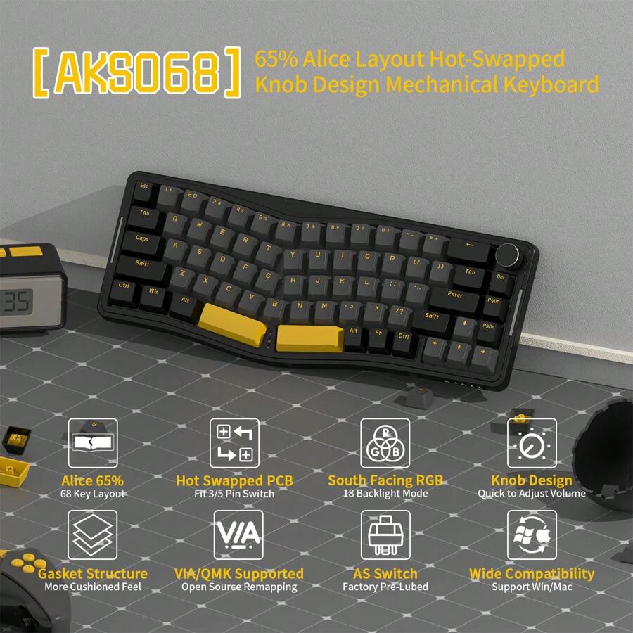 AKS068 Alice Layout Wired Mechanical Keyboard, Gasket Mount 68 Keys ...