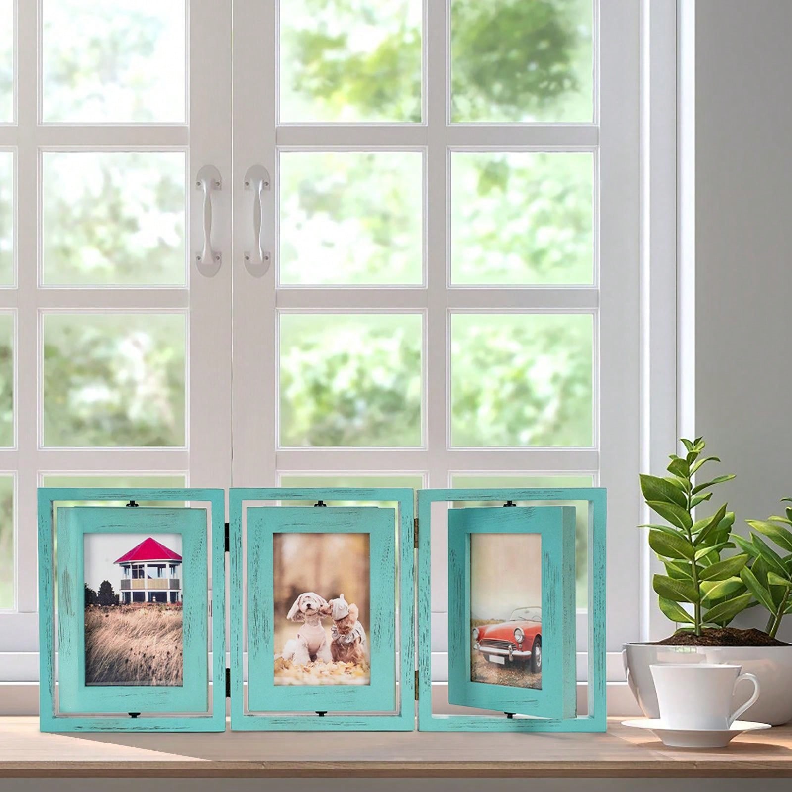 Photo Frame 6x4 Rustic Wood Hinged Folding Triple Picture Frames With ...