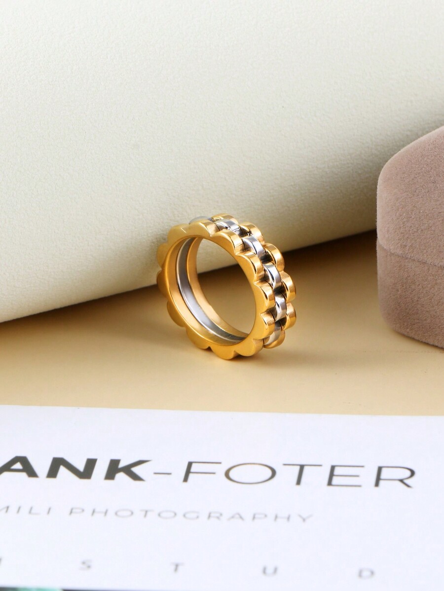 1pc Fashionable Stainless Steel Dual Layer Flower Shaped Ring In Two ...