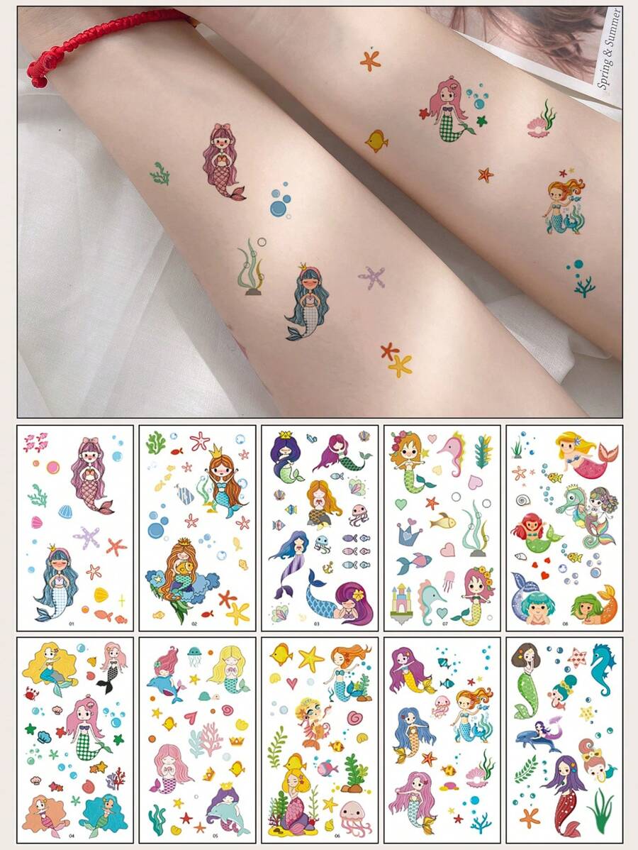 (10 Sheets/Set) Mermaid Tattoo Sticker Waterproof And Long Lasting ...