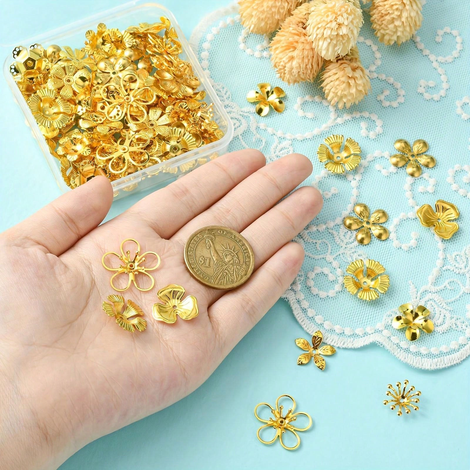 100Pcs 10 Style Flower Bead Cap Golden Plated Brass Flower Shaped End ...