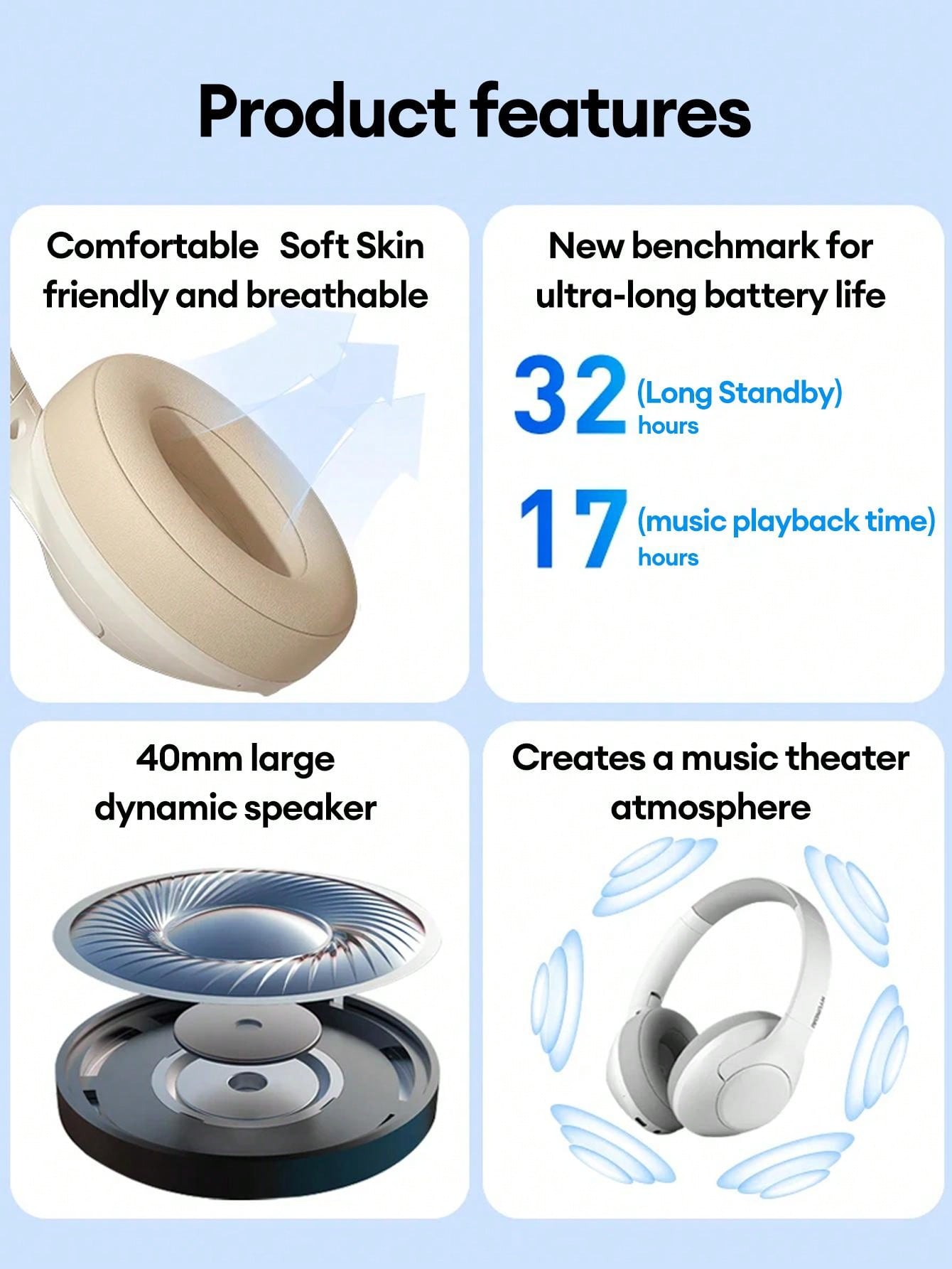 Hyundai Hy-H04 Passive Noise Cancelling Wireless Headphones, Over Ear, Long Battery Life, Hd ...