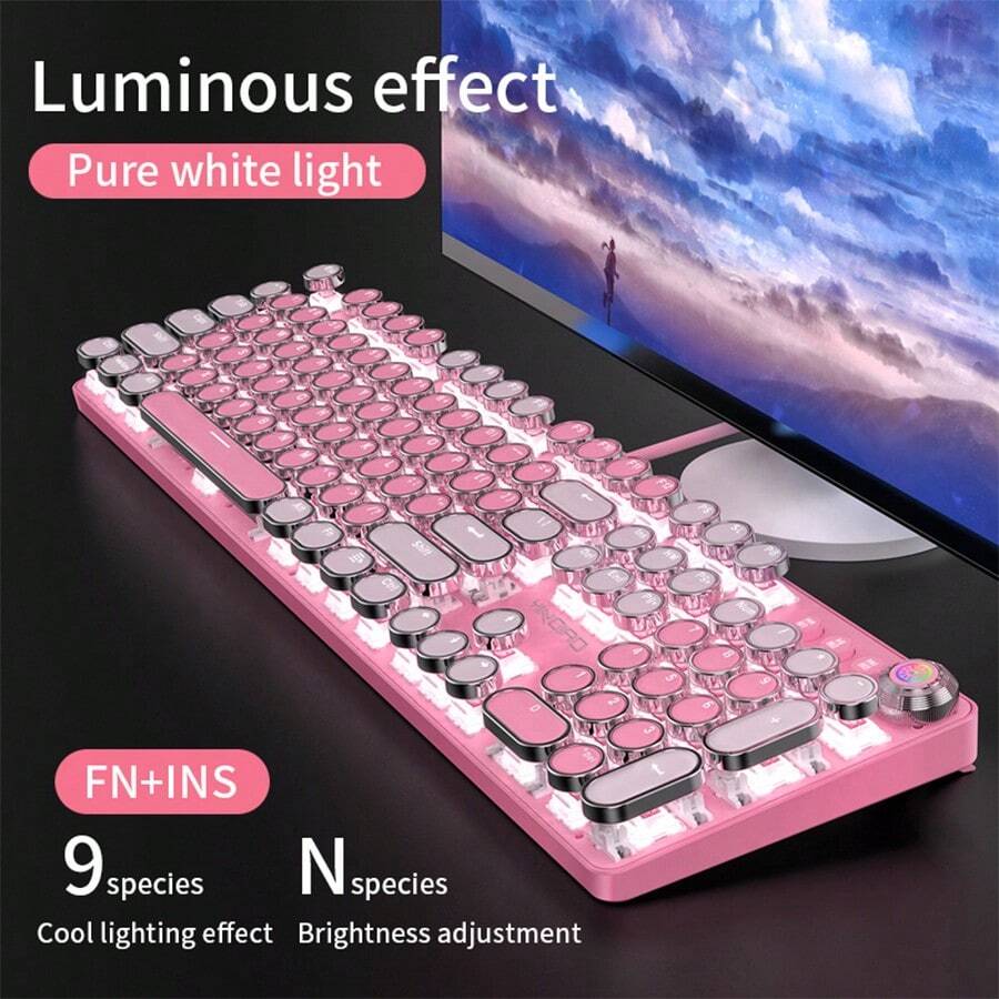 Pink Mechanical Keyboard With Blue Switch, Wired 104 Keys Punk Style ...