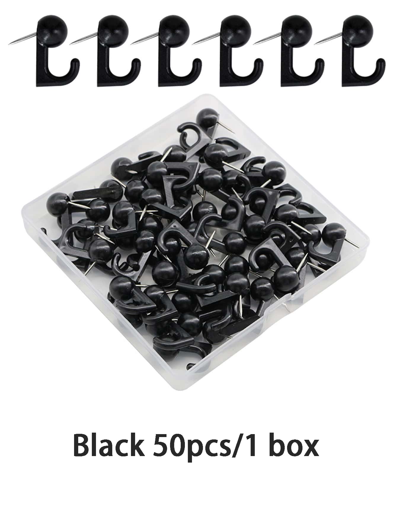 1box/50pcs Creative Transparent Black Plastic Push Pins With Hooks ...