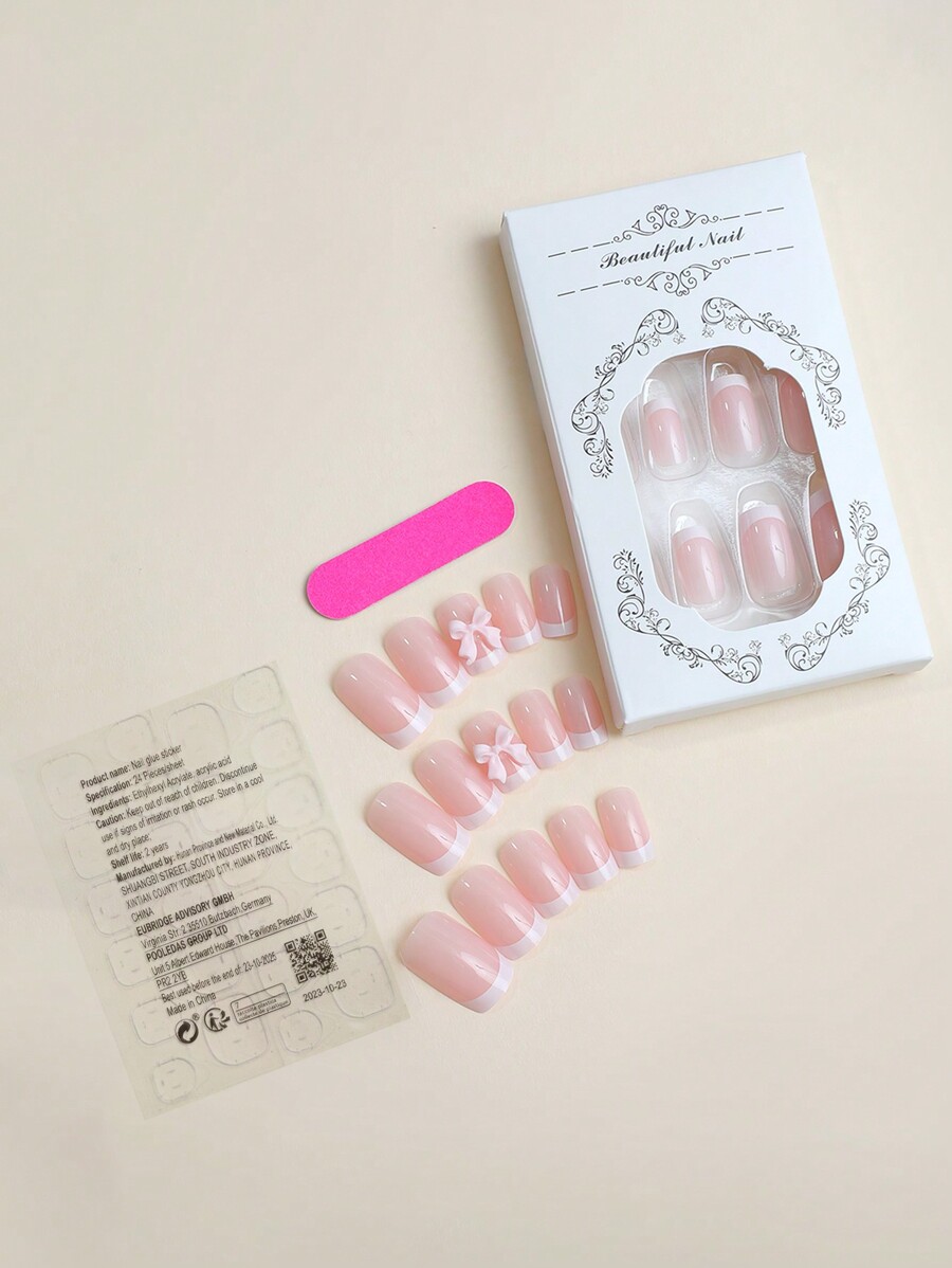 24pcs Pink Short Square Nail Armor With White Butterfly Bow Chic 3D ...