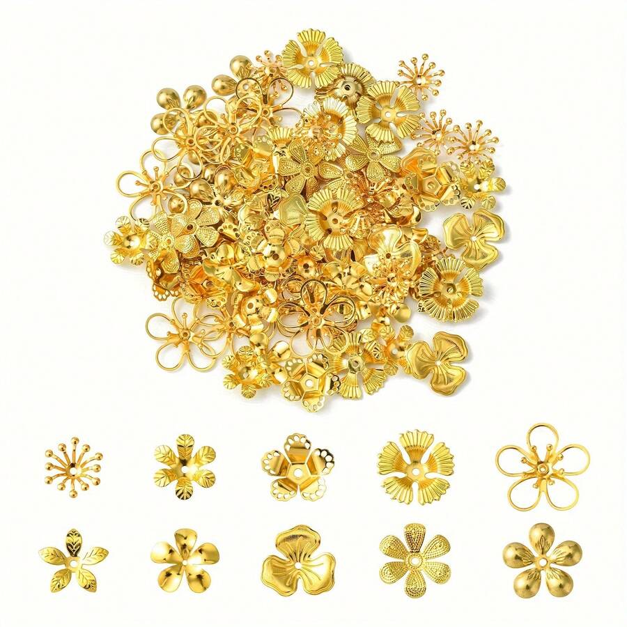 100Pcs 10 Style Flower Bead Cap Golden Plated Brass Flower Shaped End ...