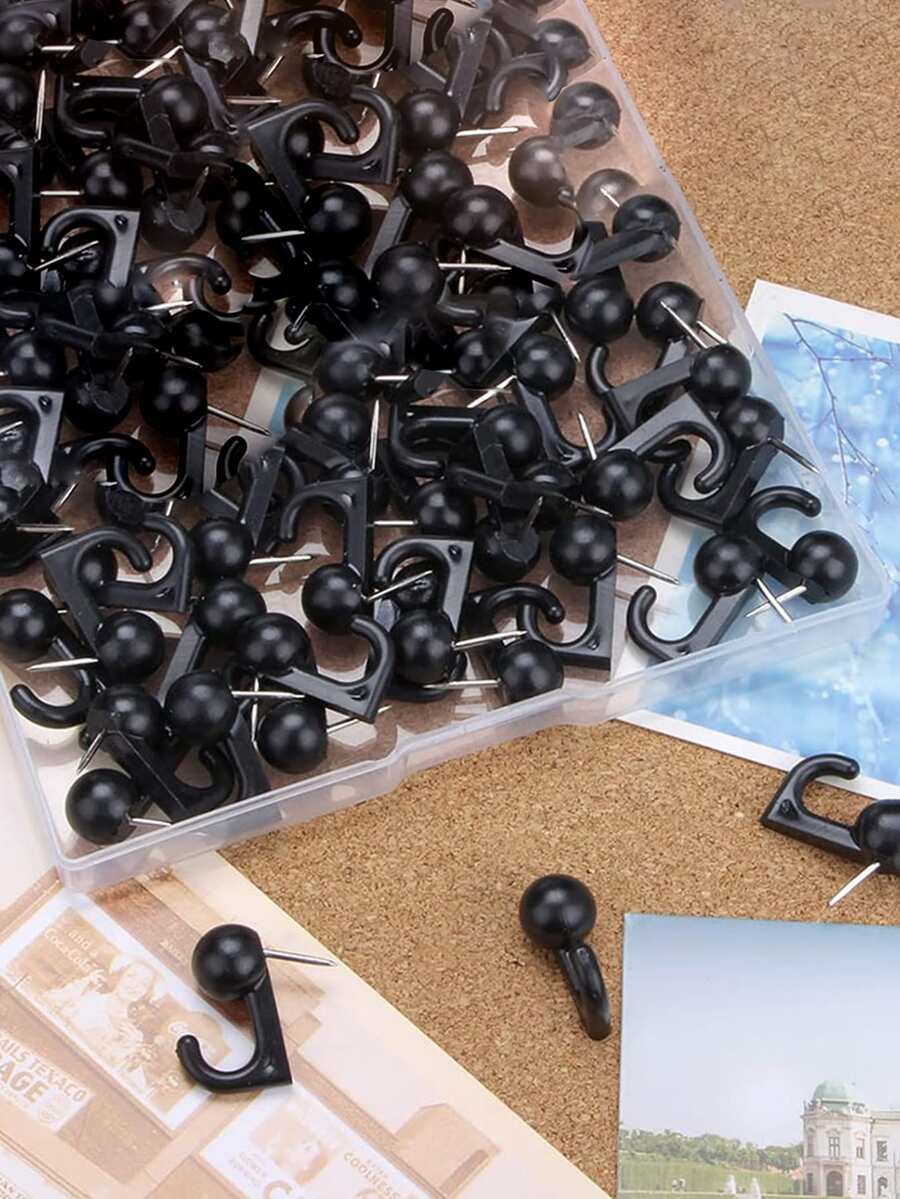 1box/50pcs Creative Transparent Black Plastic Push Pins With Hooks ...