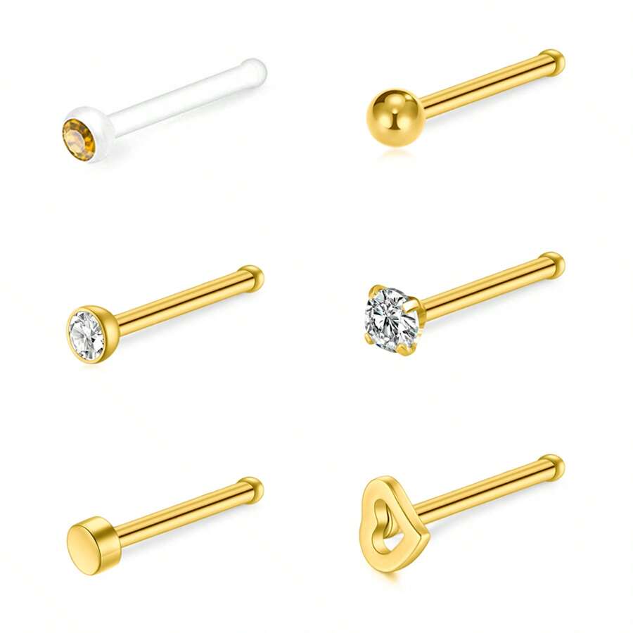 6Pcs/Set Surgical Steel 20g Nose Rings Studs L-Shape Screw Bone Shaped ...