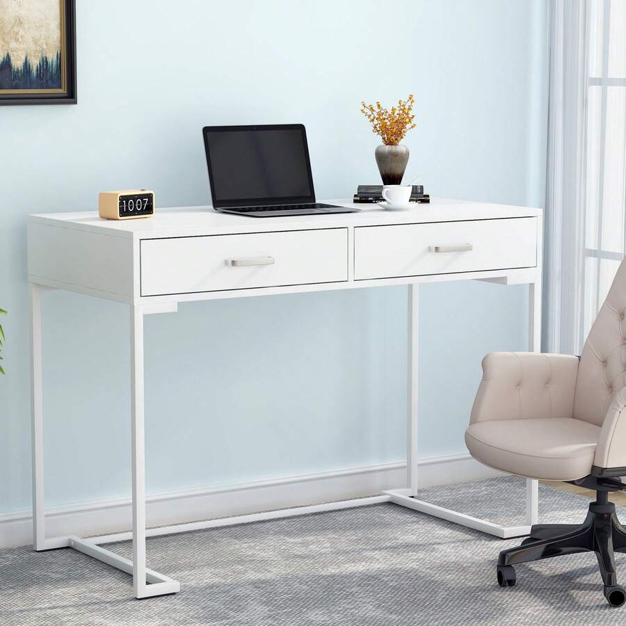 Tribesigns 40 Inch Computer Desk, White Writing Desk With 2 Drawers ...