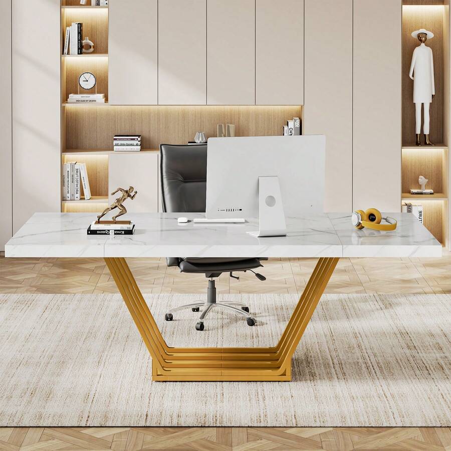 Tribesigns 63-Inch Modern Computer Desk, White Executive Desk With Gold ...