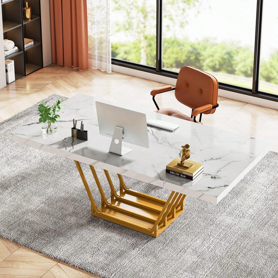 Tribesigns 63-Inch Modern Computer Desk, White Executive Desk With Gold ...