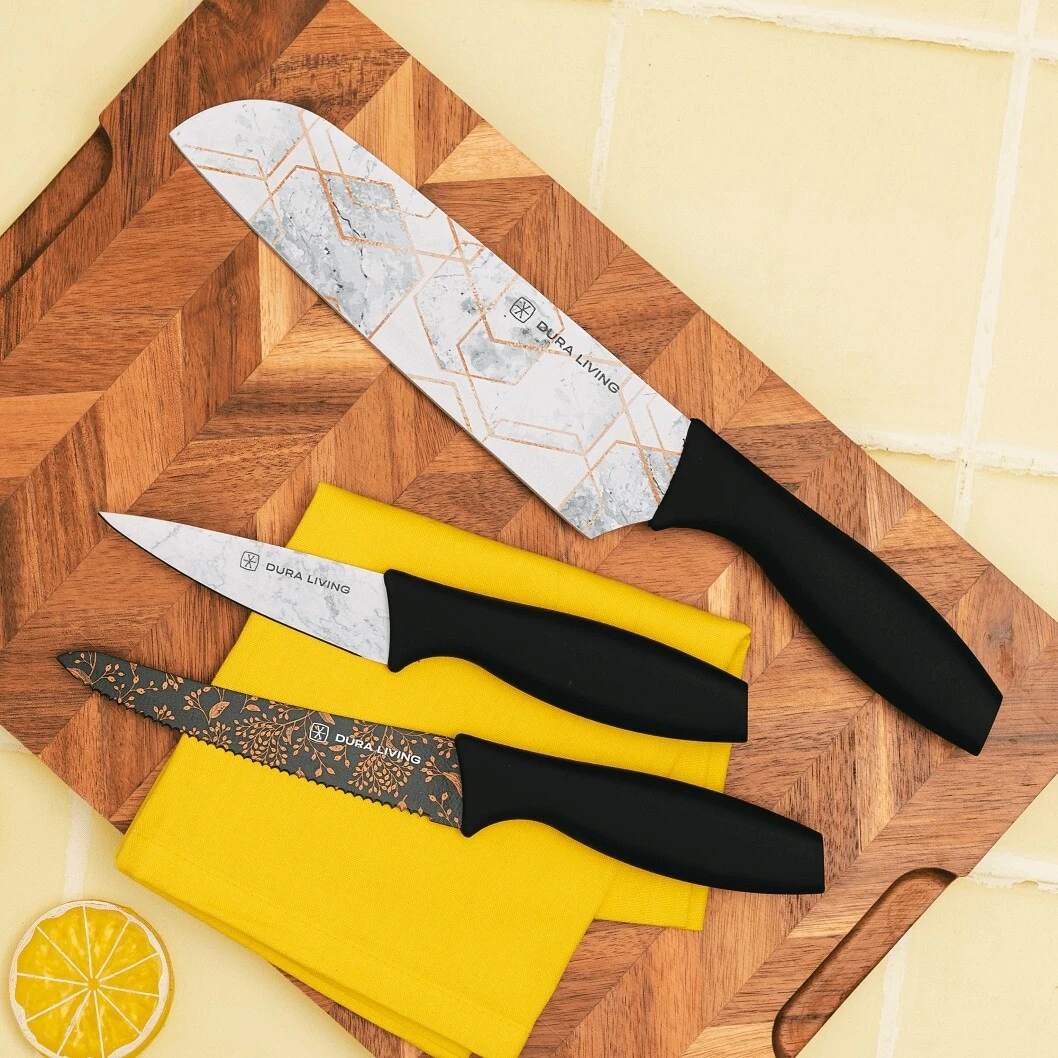 Dura Living 3-Piece Marble Kitchen Knife Set - Nonstick Cooking Knives ...