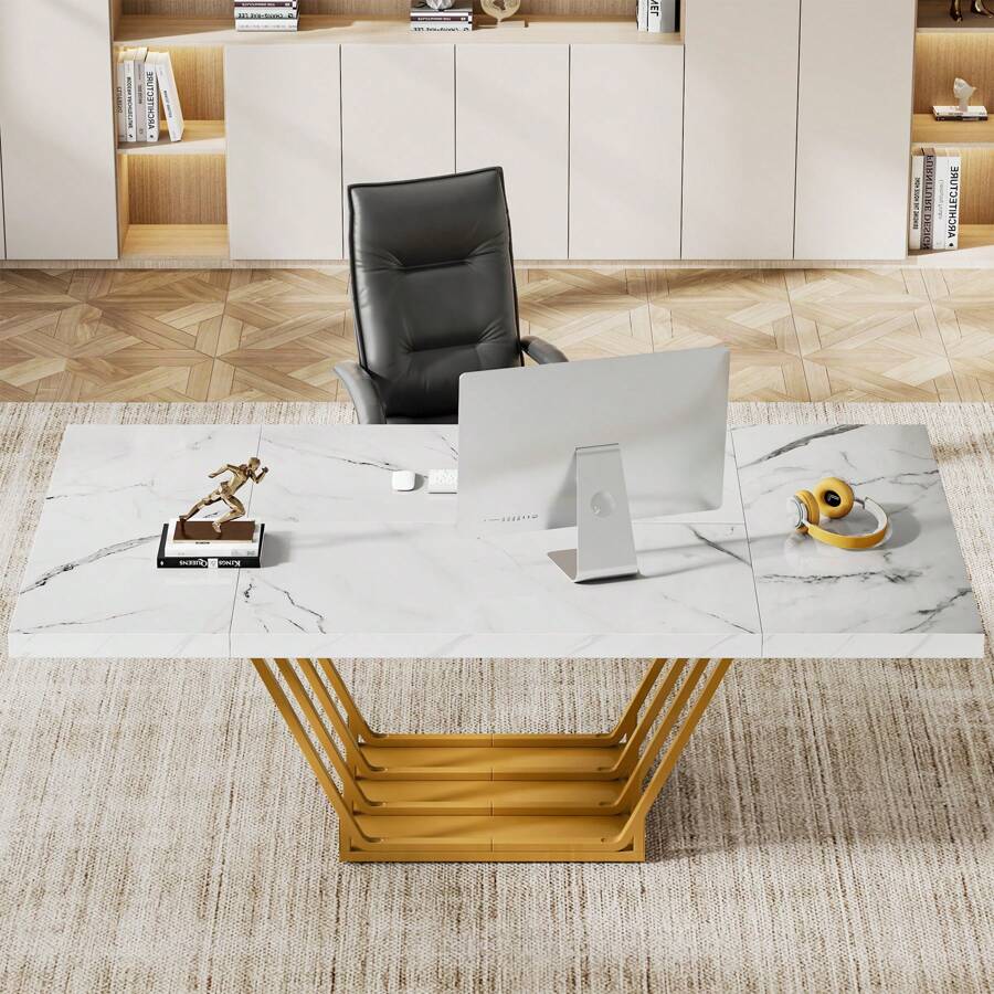 Tribesigns 63-Inch Modern Computer Desk, White Executive Desk With Gold ...