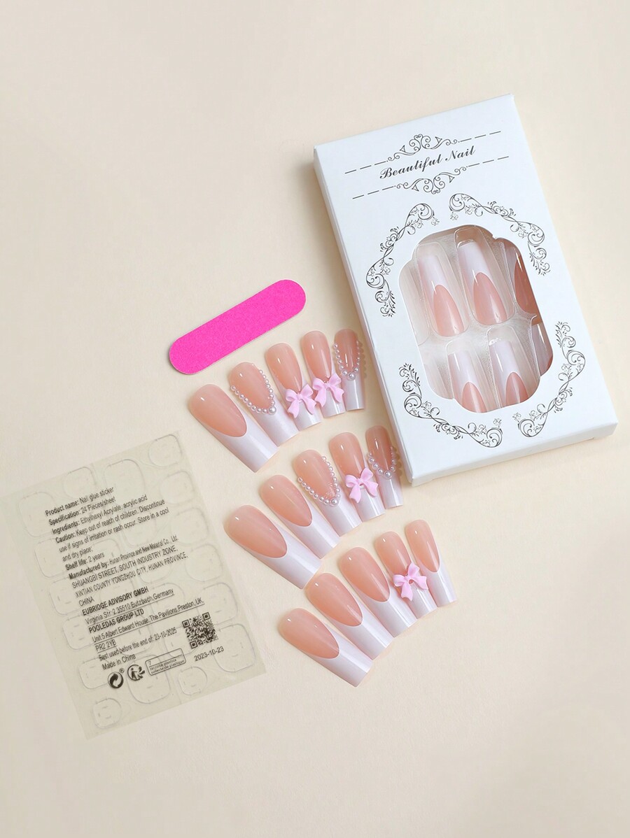 24PCS Long Square Coffin White French Design Fake Nails Pink Bow-Knot ...