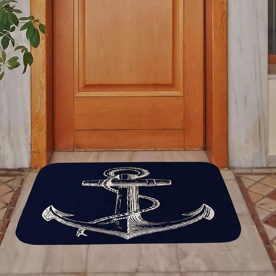 1pc White Anchor & Navy Blue Nautical Door Mat, Non Slip, Easy Clean ...