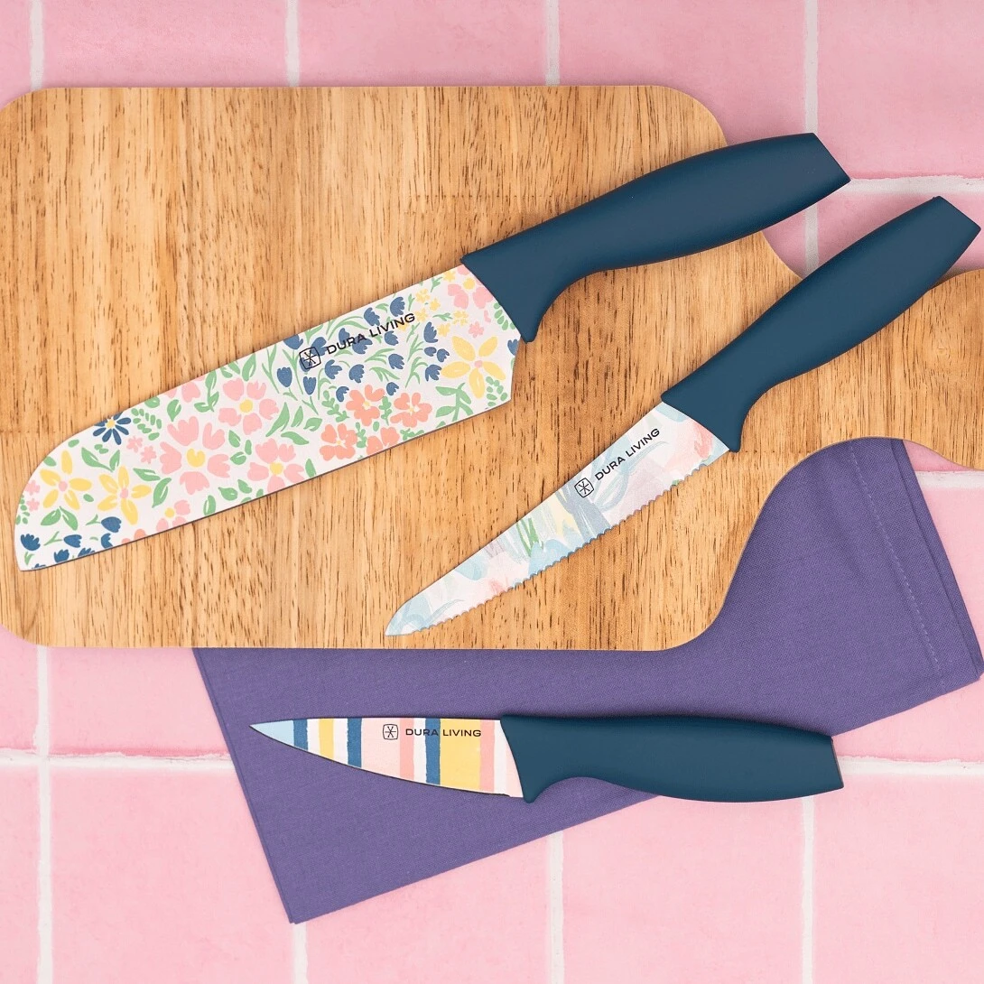 Dura Living 3-Piece Floral Kitchen Knife Set - Nonstick Cooking Knives ...