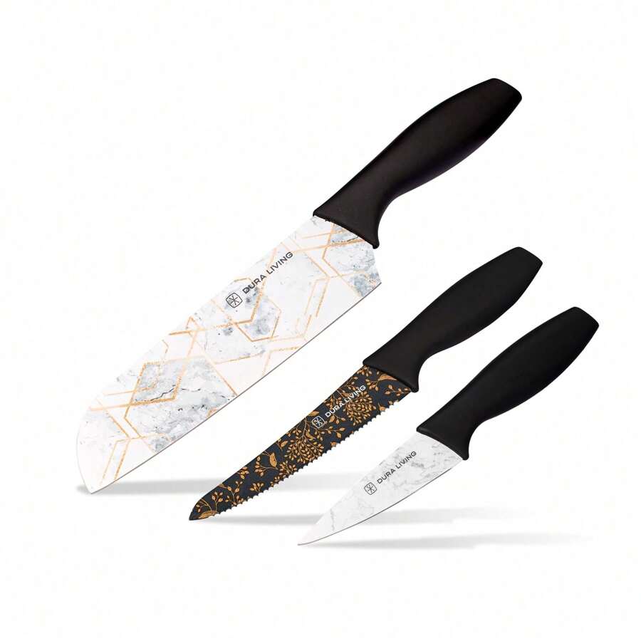 Dura Living 3-Piece Marble Kitchen Knife Set - Nonstick Cooking Knives ...